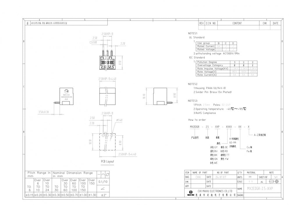 MX2EDGR-2.5 terminal block technical drawing