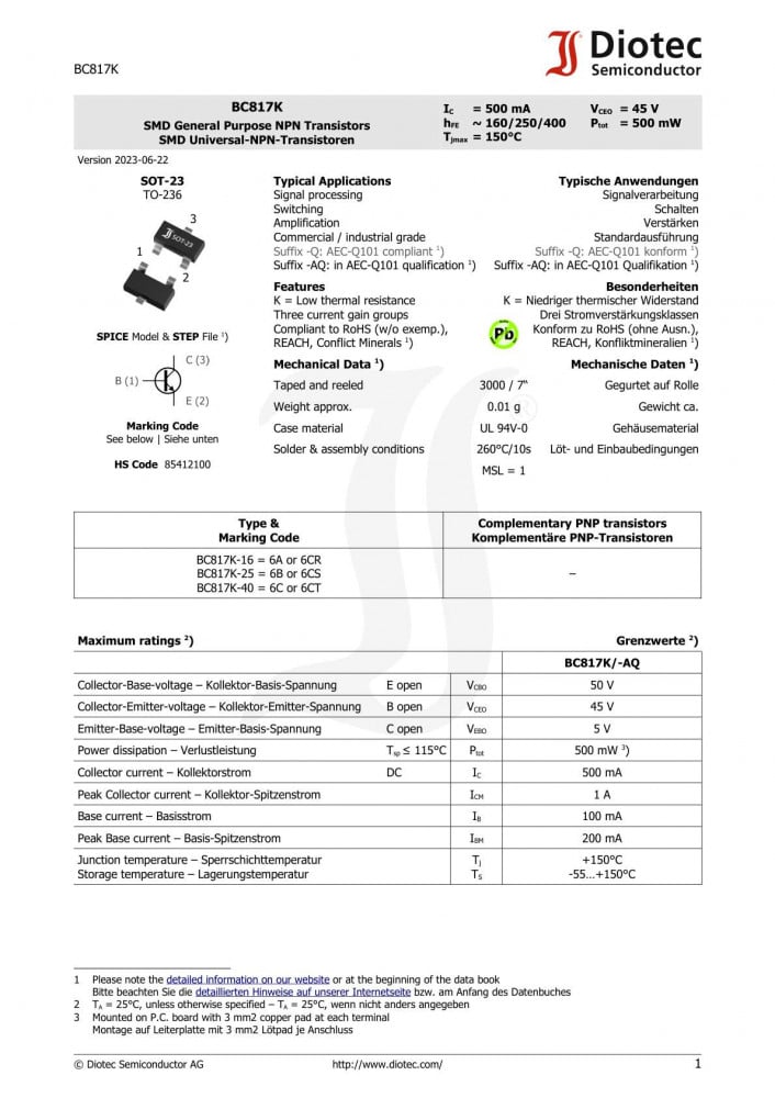 DIOTEC BC817K datasheet page 1