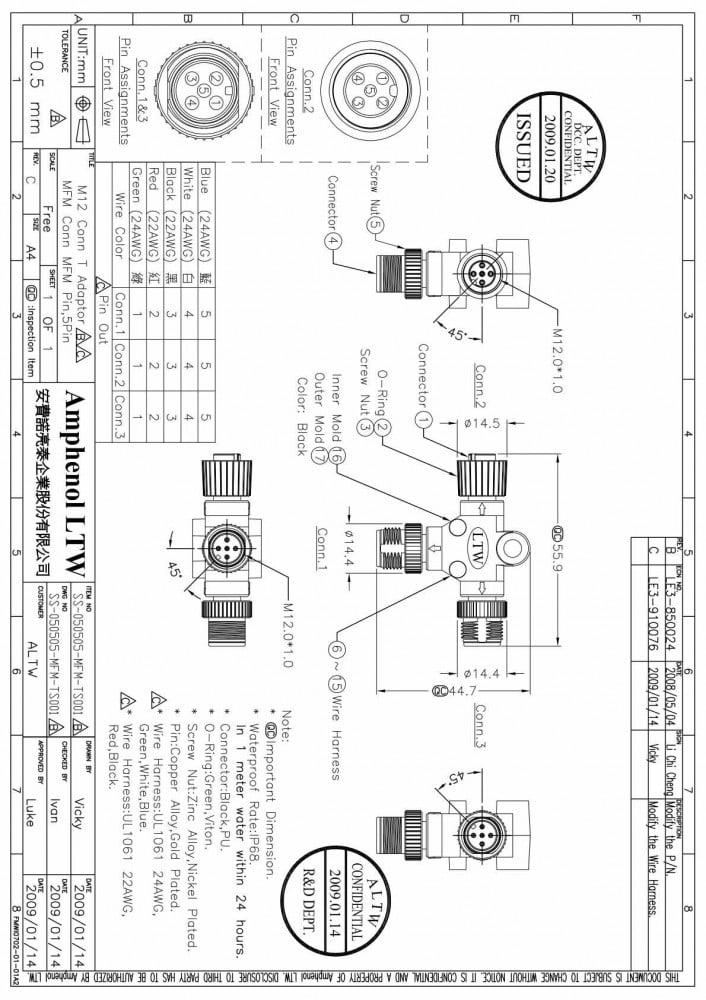 Amphenol SS-050505-MFM-TS001 technical drawing