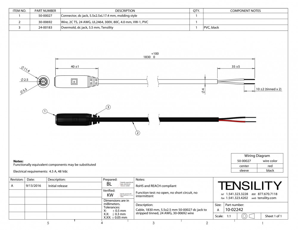 Tensility International 10-02242 cable assembly product drawing