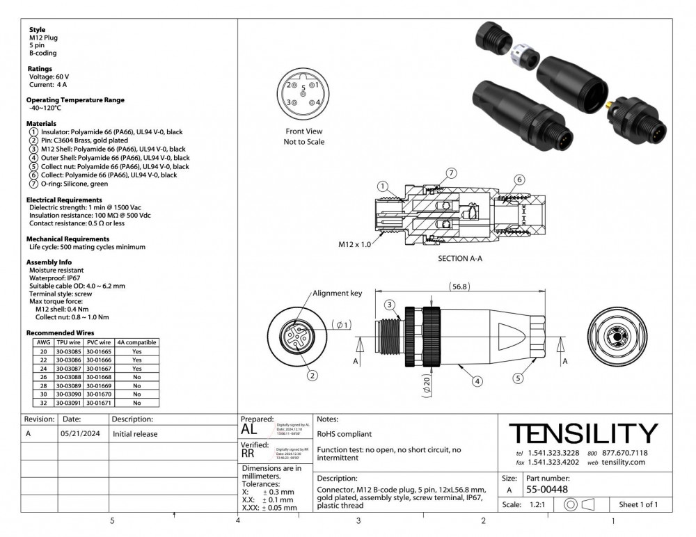55-00448 M12 B-coded 5-pin connector product drawing