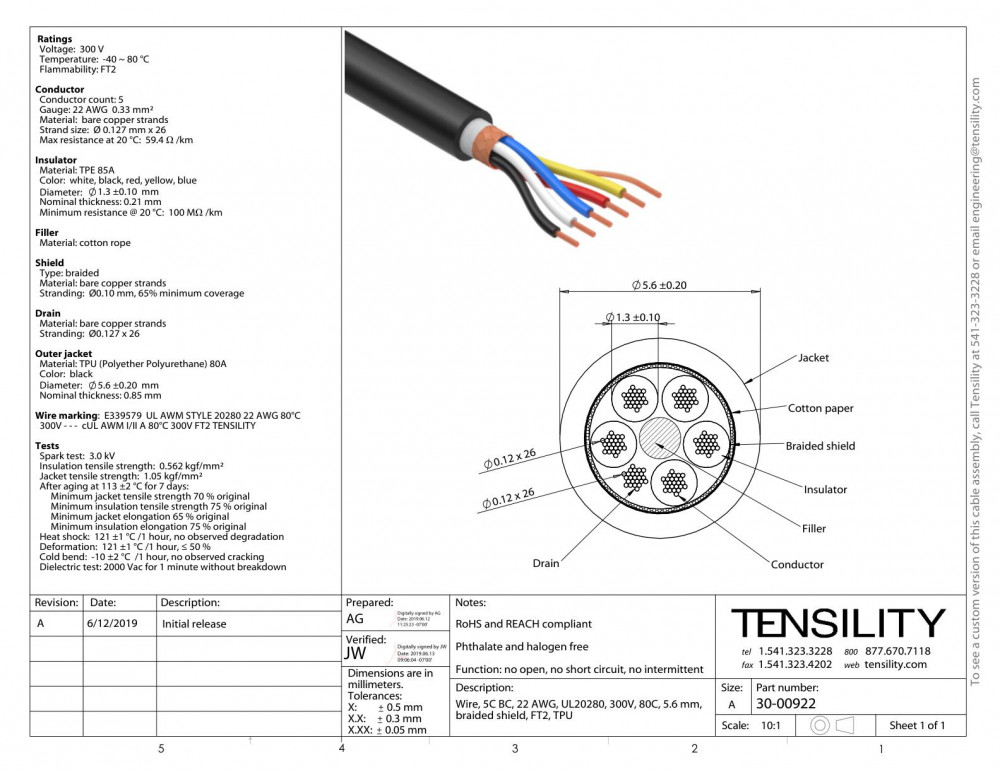 Tensility International 30-00922 cable specification drawing