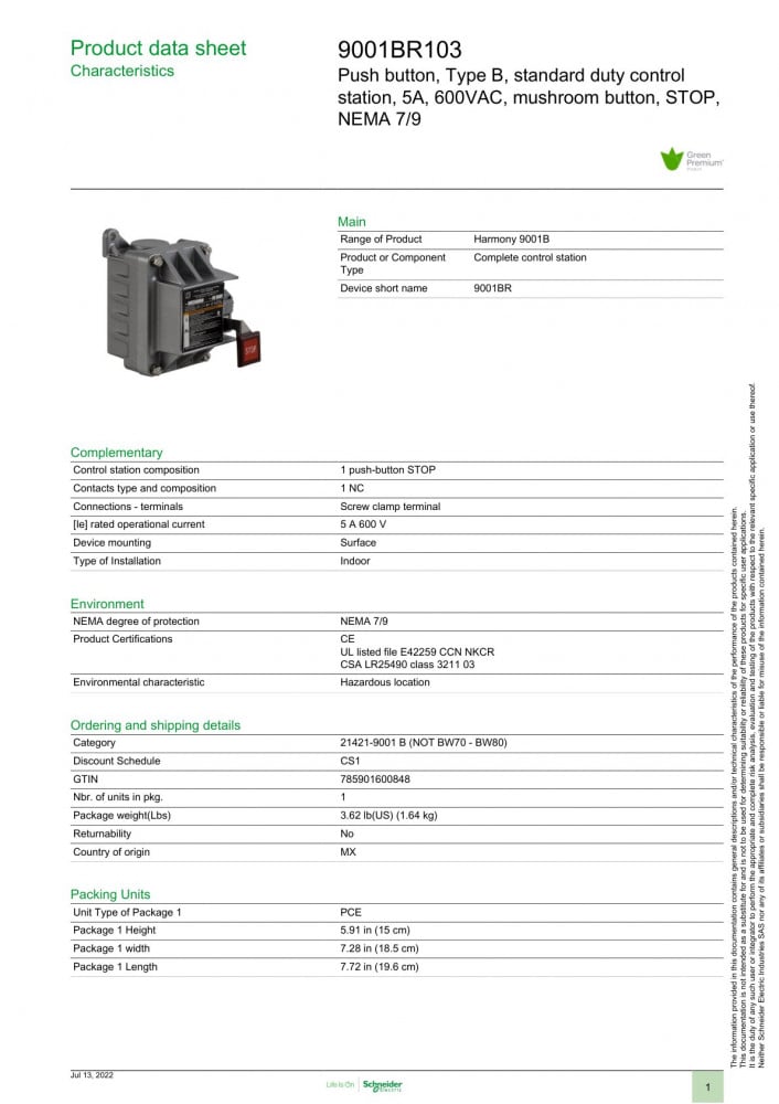 9001BR103 technical document page 1