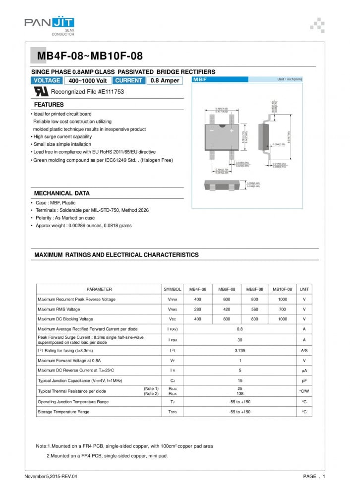PANJIT MB6F-08 datasheet page 1