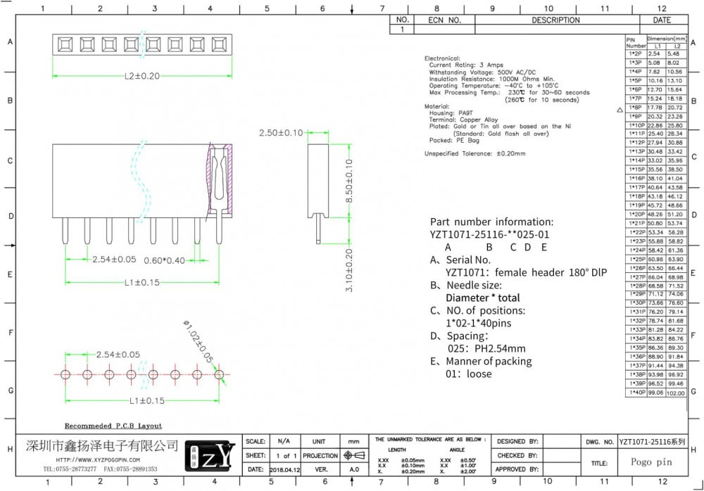 YZT1071-25116 series pogo pin technical drawing