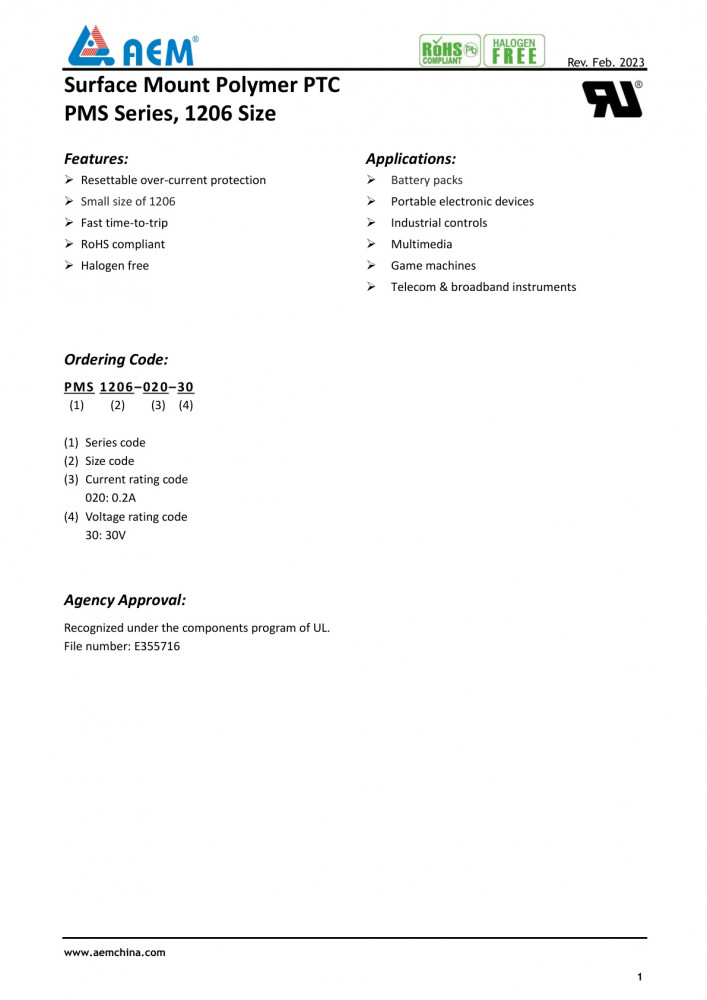 AEM PMS series datasheet page 1
