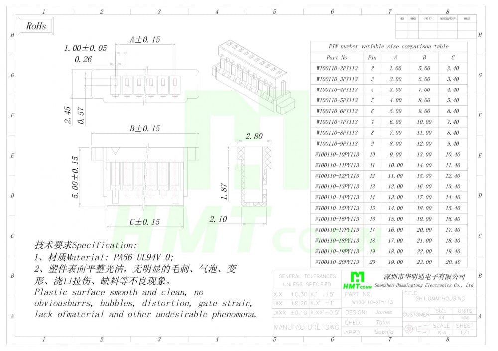 HMTCONN W100110-7PY113 technical drawing page