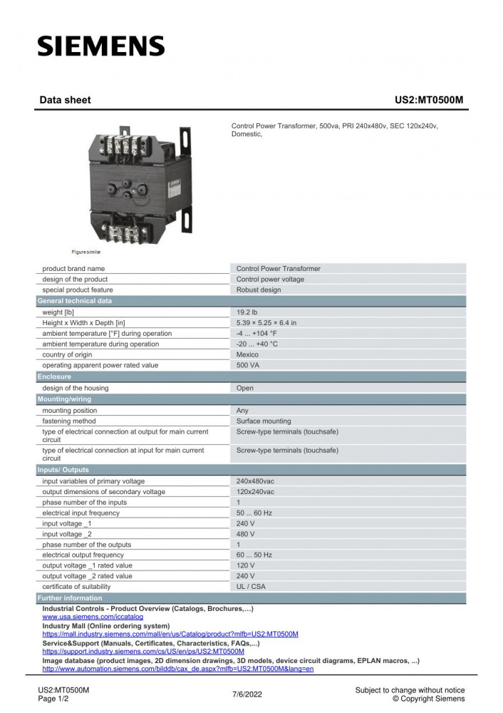 SIEMENS MT0500M datasheet page 1