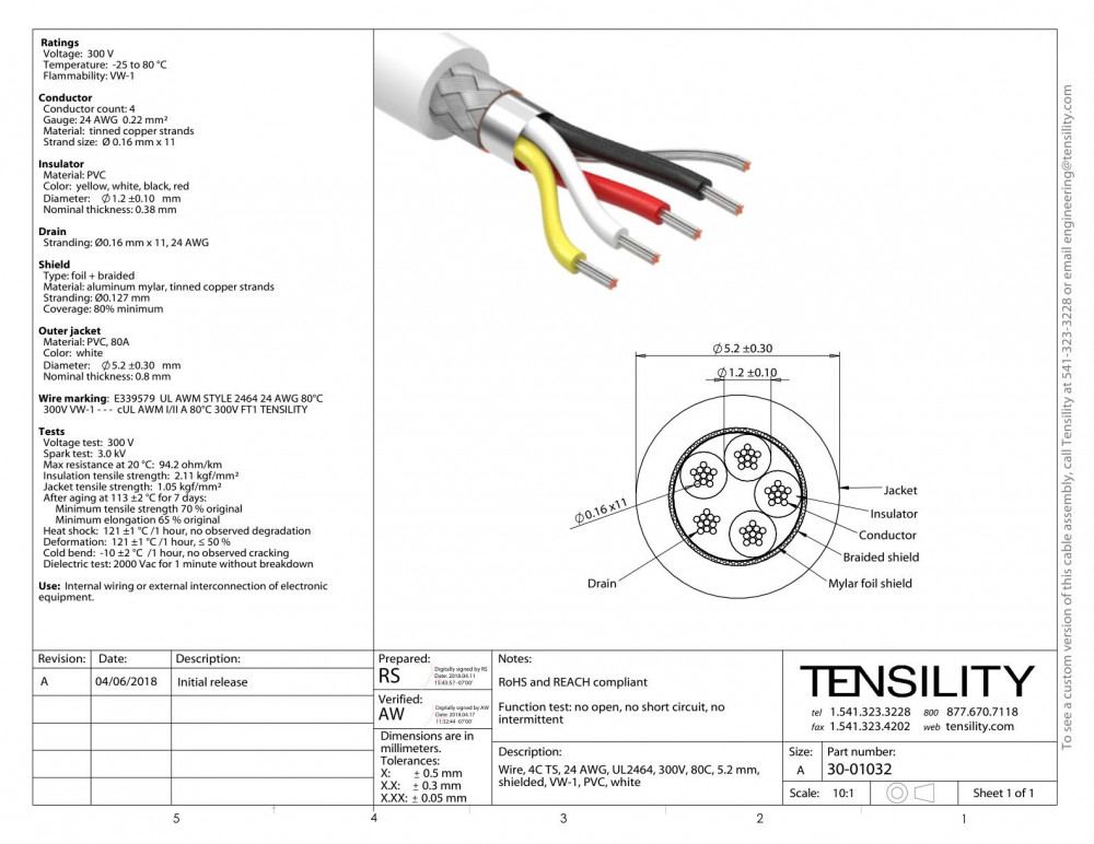30-01032 product drawing and cable construction specification
