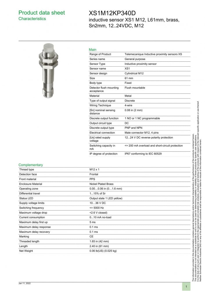 XS1M12KP340D technical document page 1