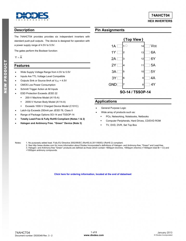 74AHCT04S14-13 datasheet page 1