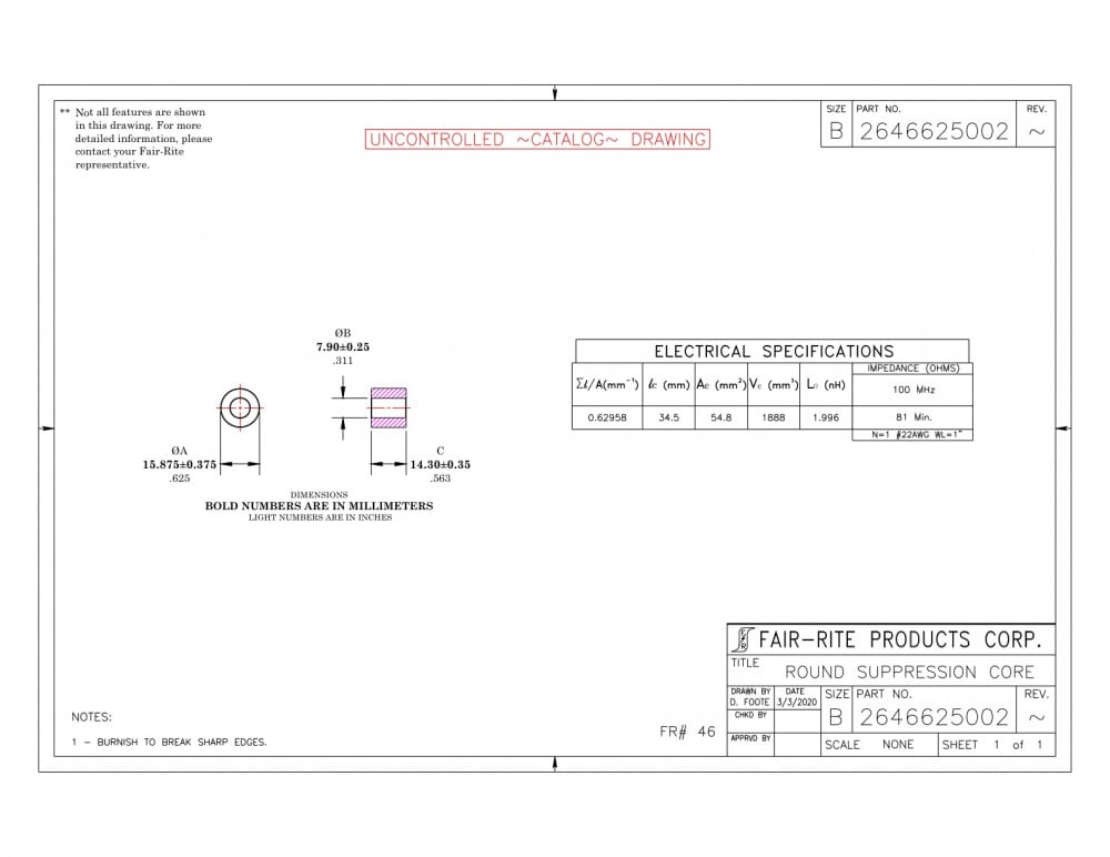 Fair-Rite 2646625002 technical document page
