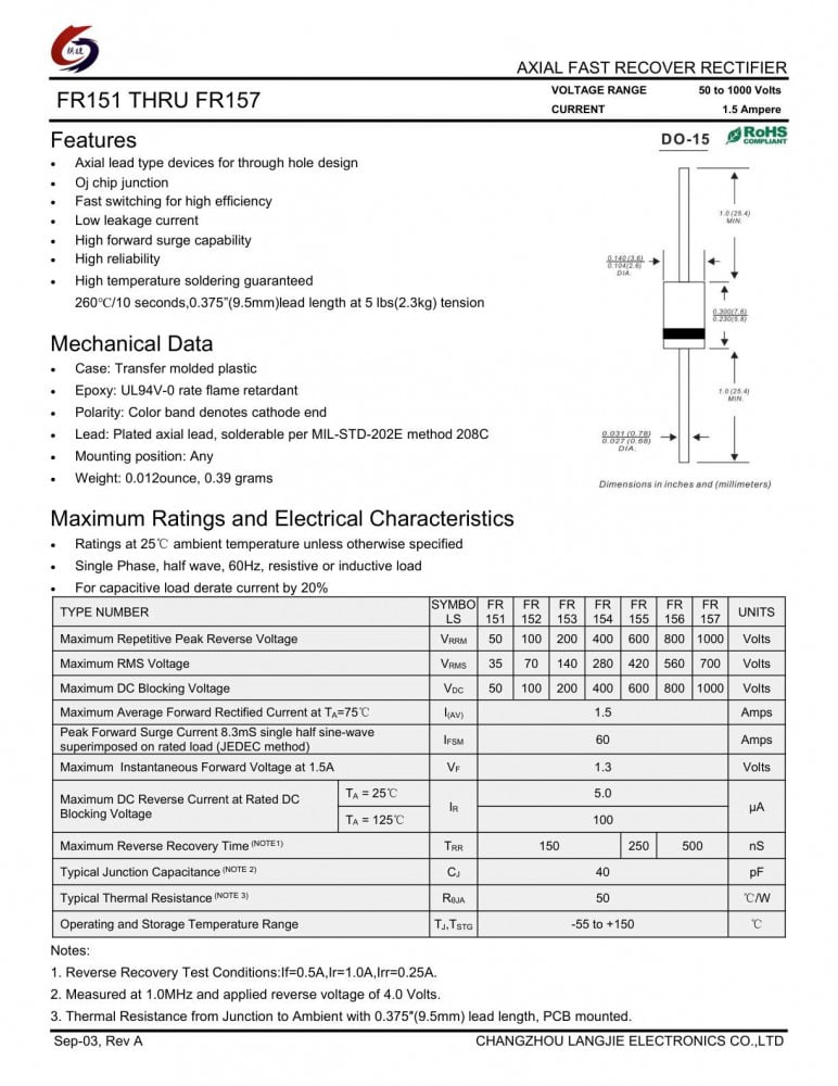 FR157 datasheet page 1