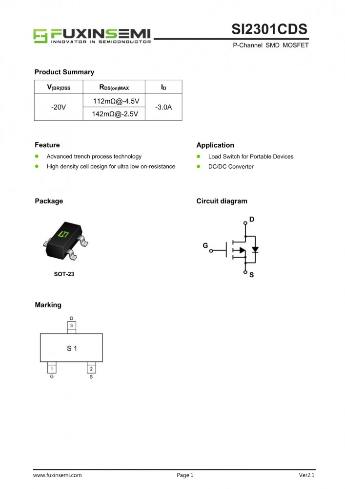 SI2301CDS datasheet page 1