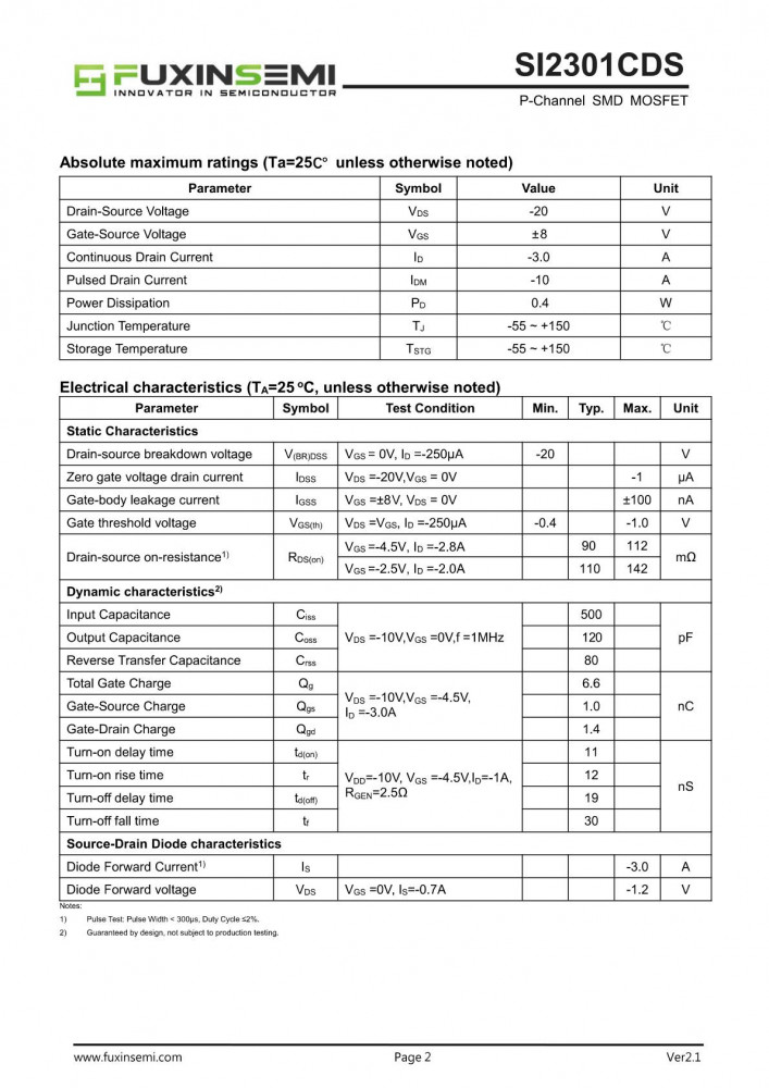 SI2301CDS datasheet page 2