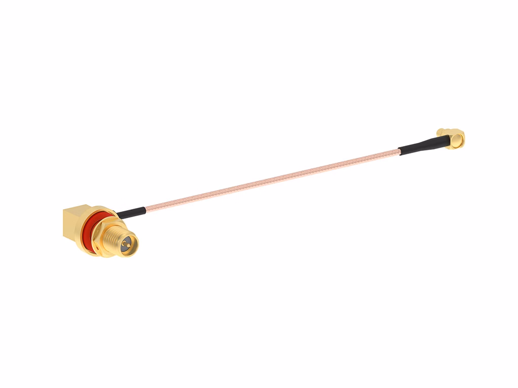 SMA Straight Bulkhead Jack to MCRF Right-Angle Plug on 1.13mm Cable, 60.00mm Length, 50 Ohms