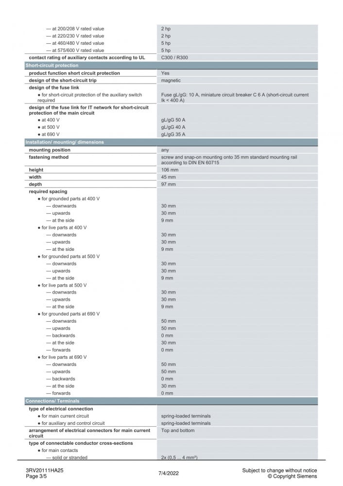 3RV20111HA25 datasheet page 3