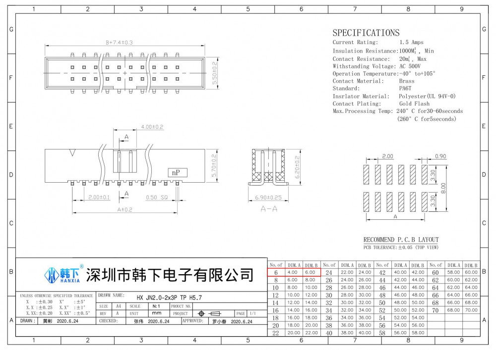 HANXIA HX JN2.0-2x3P TP H5.7 technical drawing
