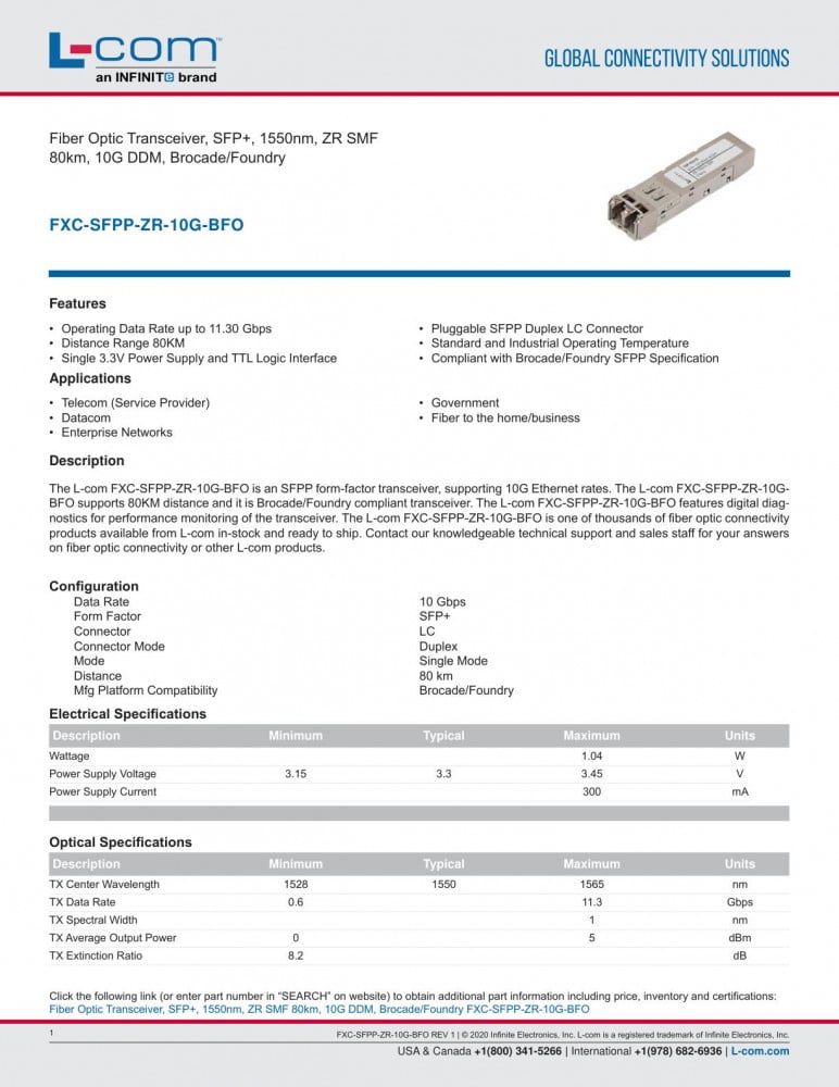 FXC-SFPP-ZR-10G-BFO technical document page 1