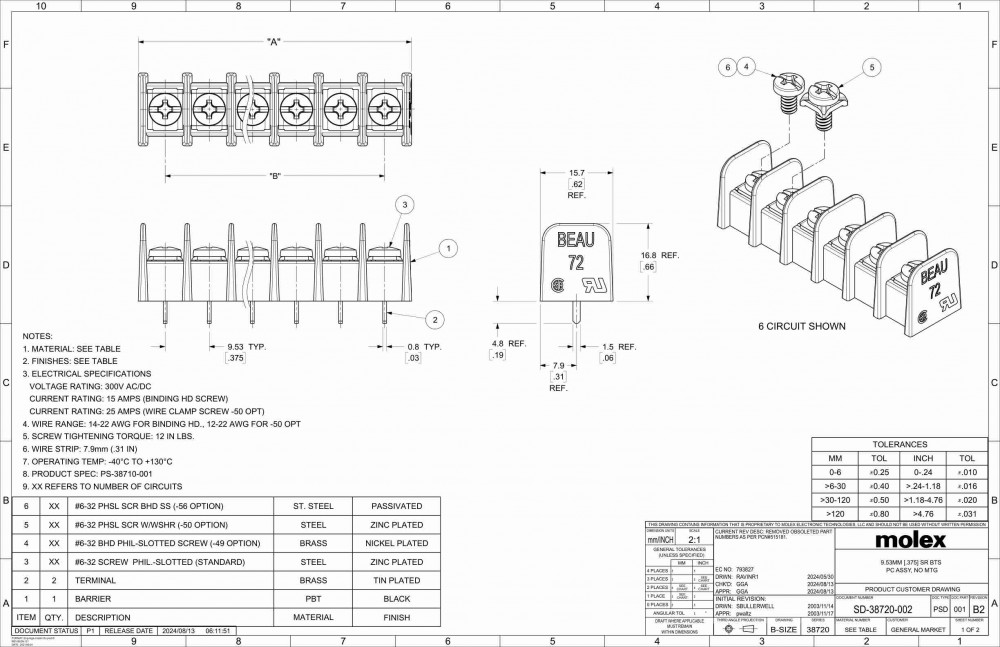 Product drawing page 1: 9.53 mm barrier terminal assembly