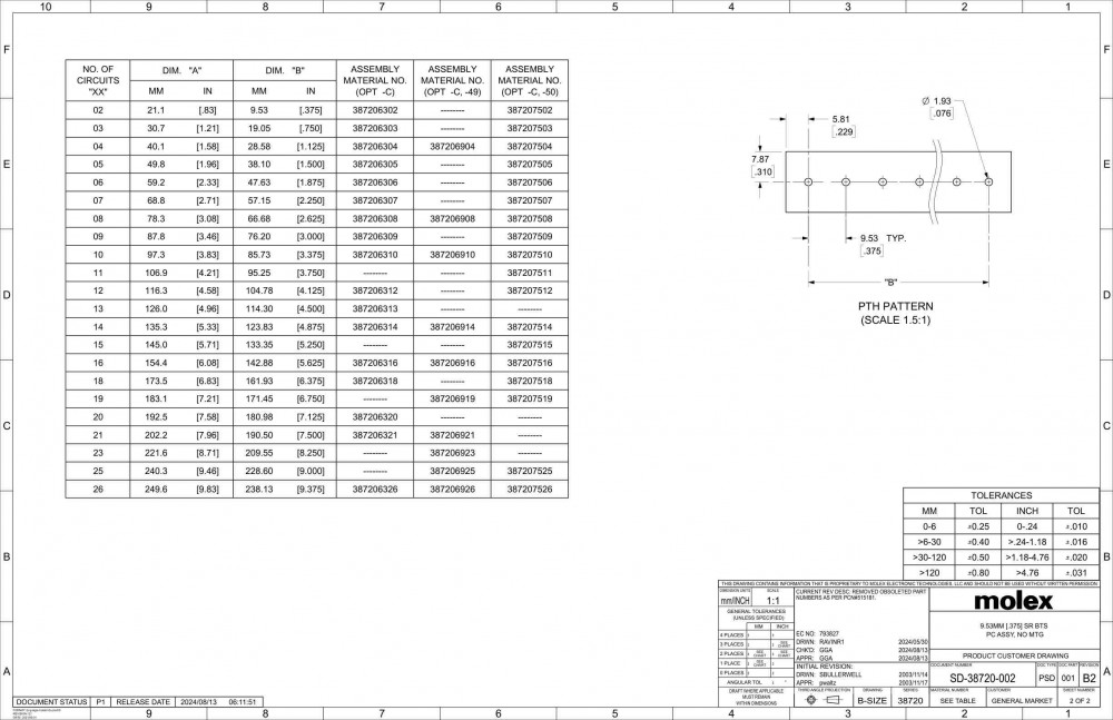 Product drawing page 2: PTH pattern and drawing information