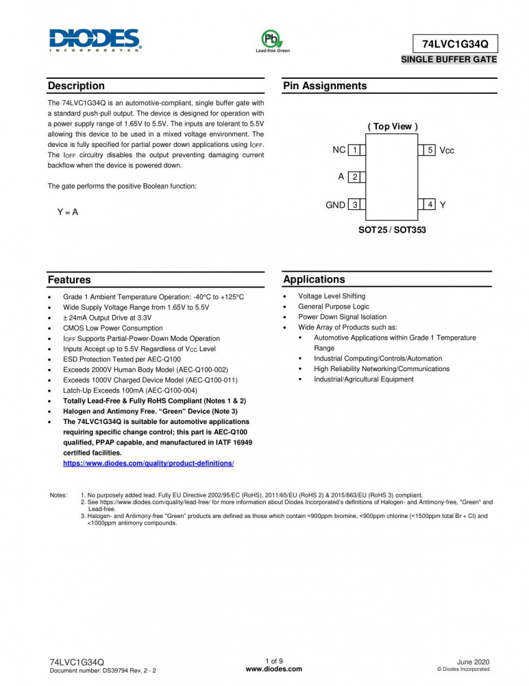 74LVC1G34QW5-7 datasheet page 1