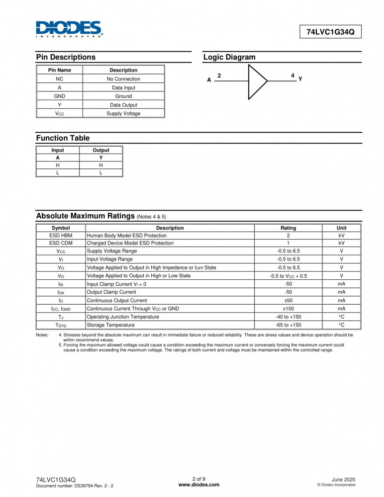 74LVC1G34QW5-7 datasheet page 2