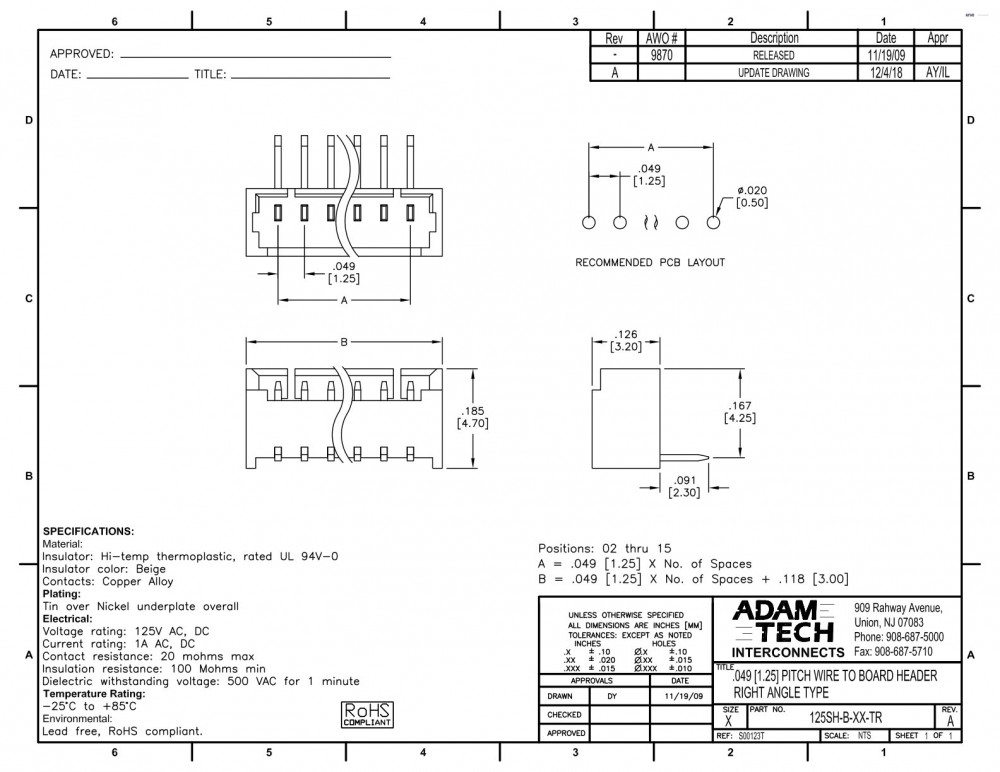 ADAM TECH 125SH-B-XX-TR right-angle 1.25 mm-pitch wire-to-board header drawing