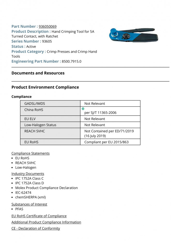 MOLEX 936050069 product documentation image, page 1
