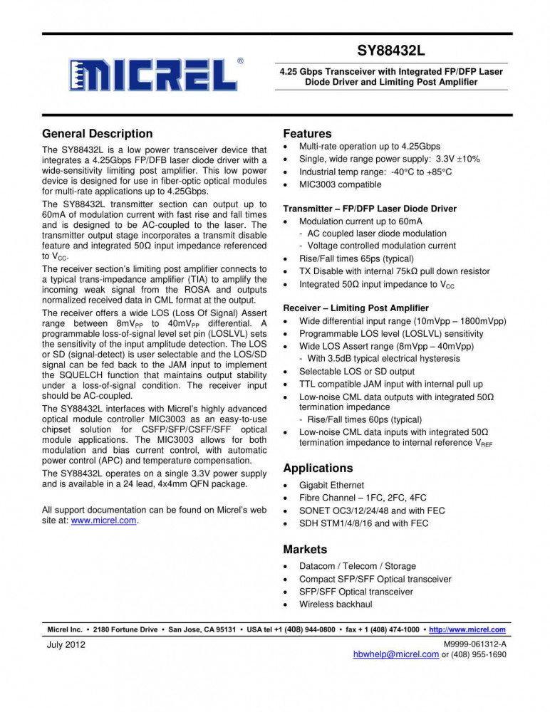 SY88432LMG datasheet page 1