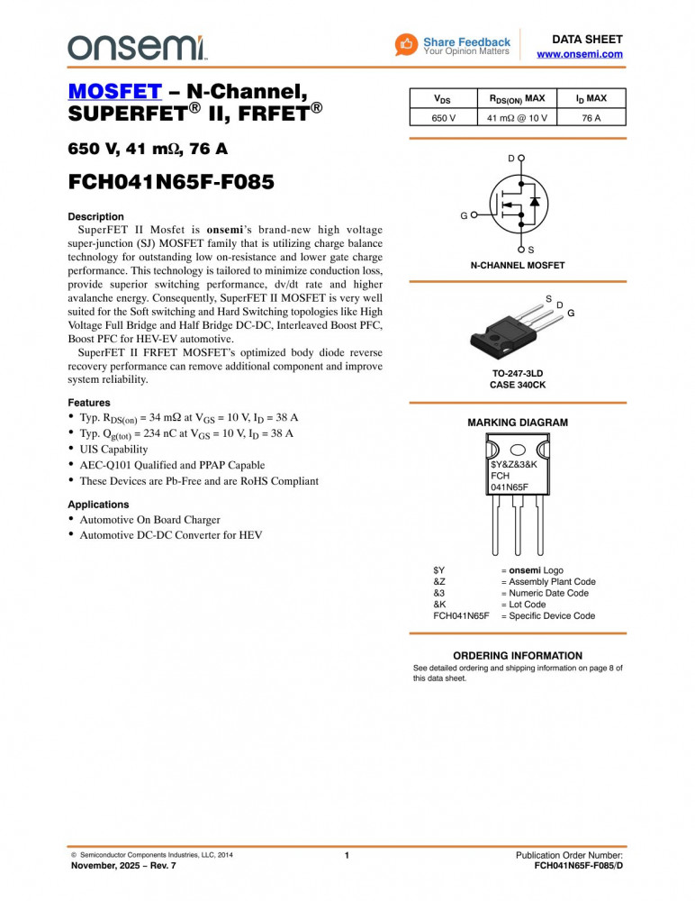 FCH041N65F-F085 datasheet page 1