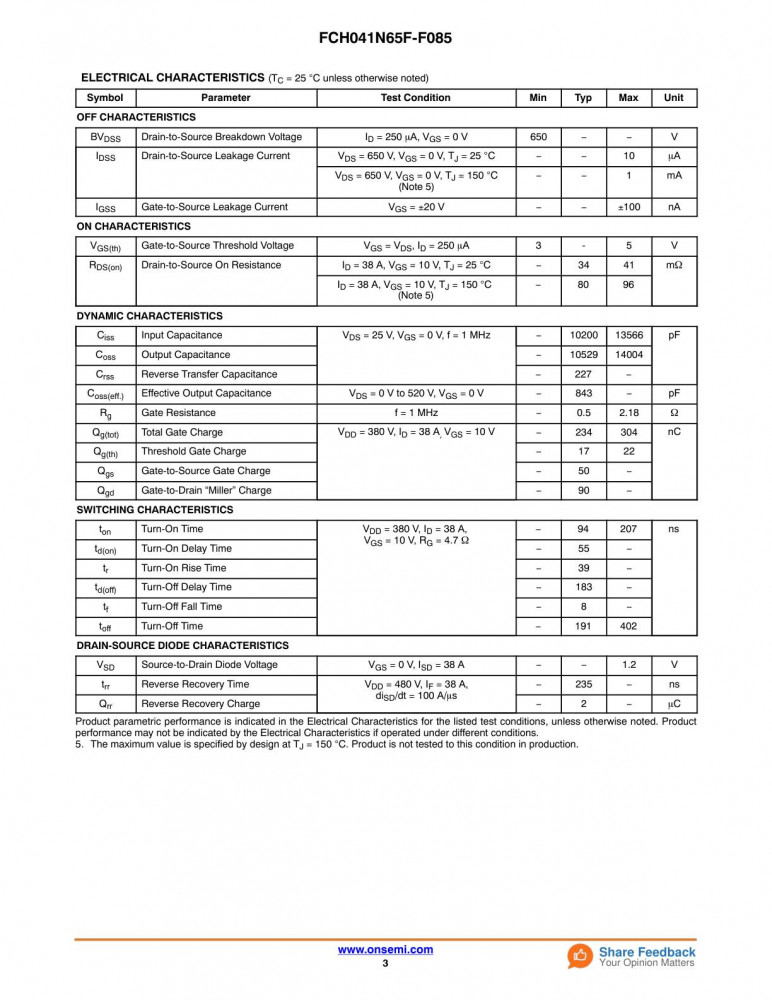 FCH041N65F-F085 datasheet page 3