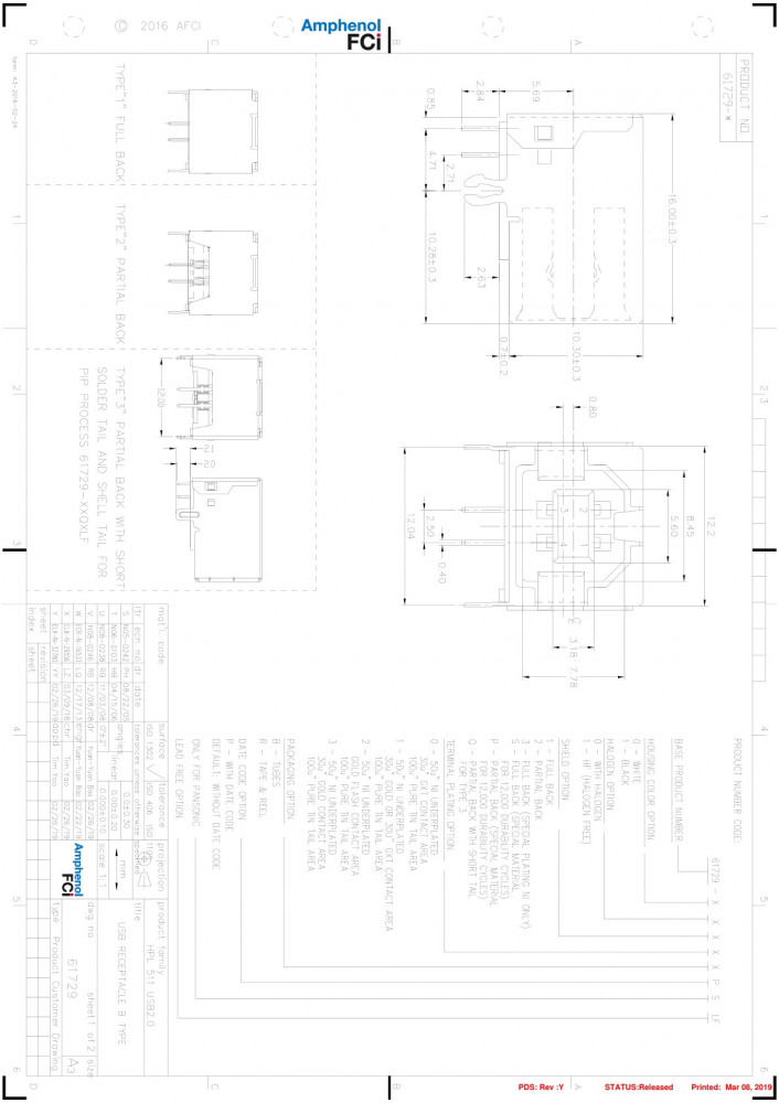 Amphenol 61729-1010BLF technical drawing page 1