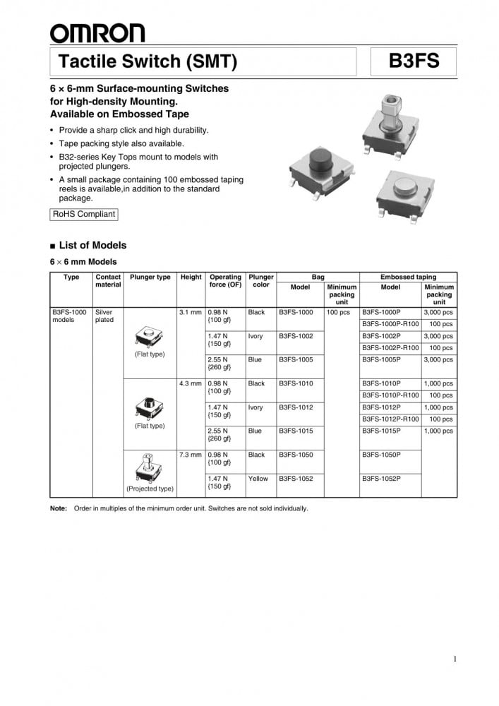 OMRON B3FS-1010P datasheet page 1
