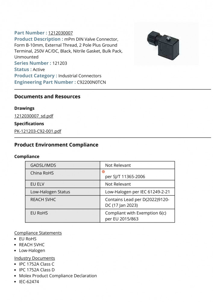 C92 DIN valve connector packaging specification, document page image 1