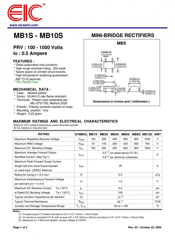 EIC MB10S datasheet page 1