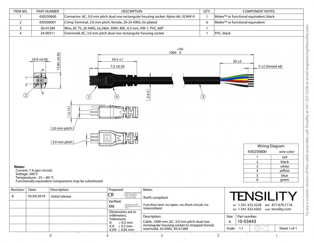 Tensility International 10-03443 cable assembly drawing