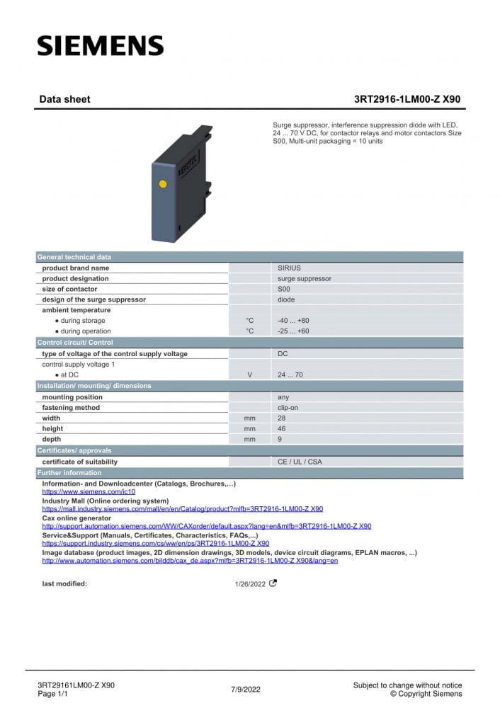 SIEMENS SIRIUS surge suppressor data sheet preview