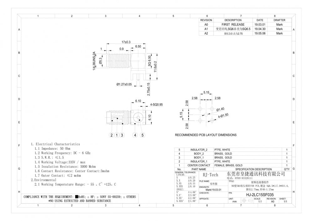 HJ-2LC15SF035 technical drawing and recommended PCB layout