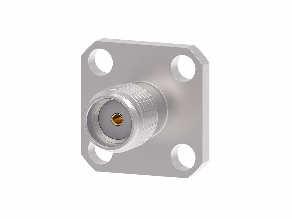 SMA Jack, Straight, 4-Hole Flange Mount, Candlestick Contact, 10.15mm Length, Stainless Steel Body, Passivated, One Piece Per Bag, 50 Ohms for sale