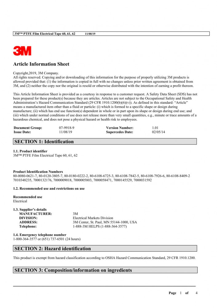 3M PTFE Film Electrical Tape 61 document page 1