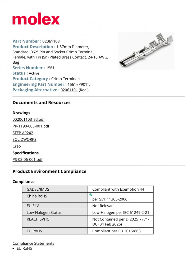 Molex .062 miniature pin terminal specification, page 1