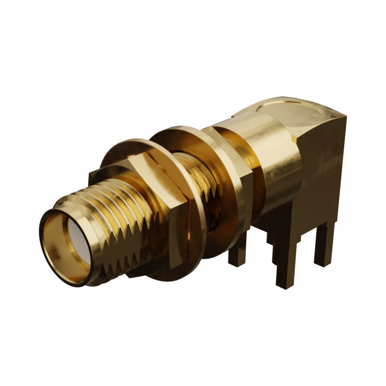 SMA Jack, Right-Angle, Bulkhead Receptacle, PCB, Through Hole, Brass Body, Gold (Au) Plated, 50 Ohms for sale