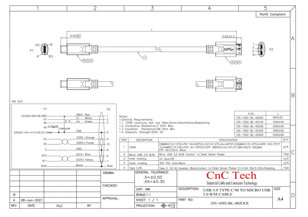 CNC Tech 105-1092-BL-00100-1 technical drawing