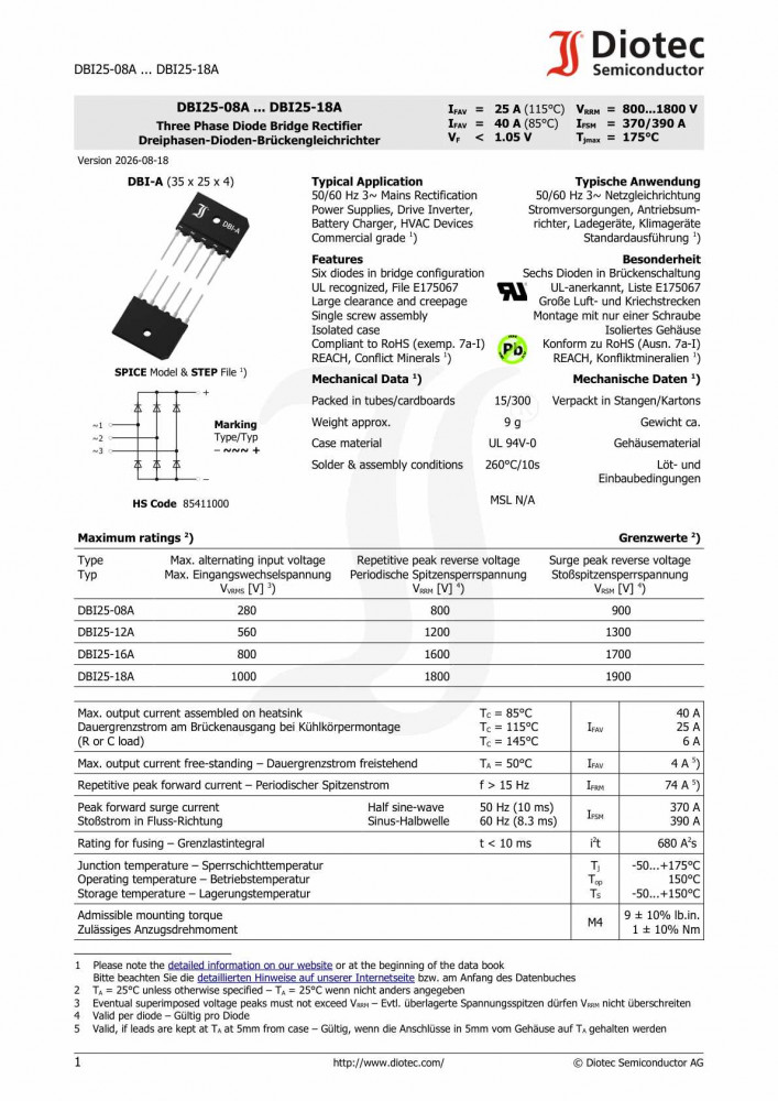 DIOTEC DBI25 datasheet page 1