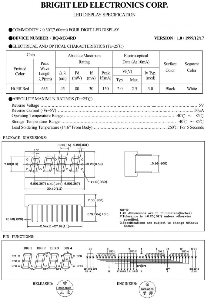 BQ-M334RD LED display specification sheet preview