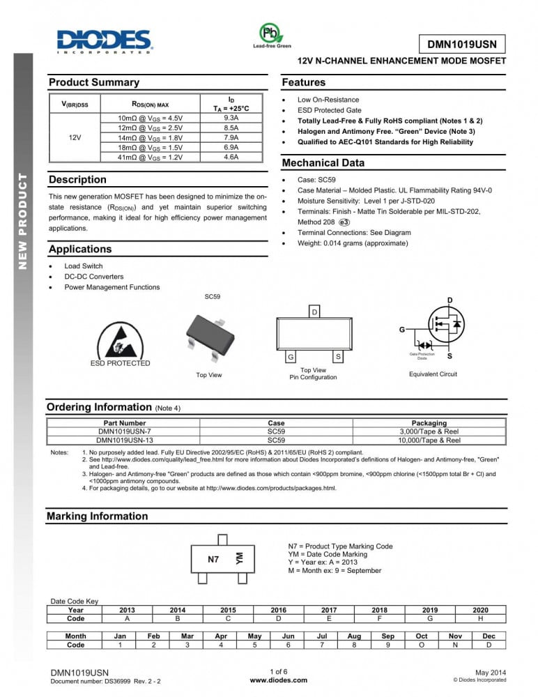 DMN1019USN-7 datasheet page 1