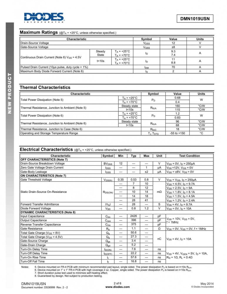 DMN1019USN-7 datasheet page 2