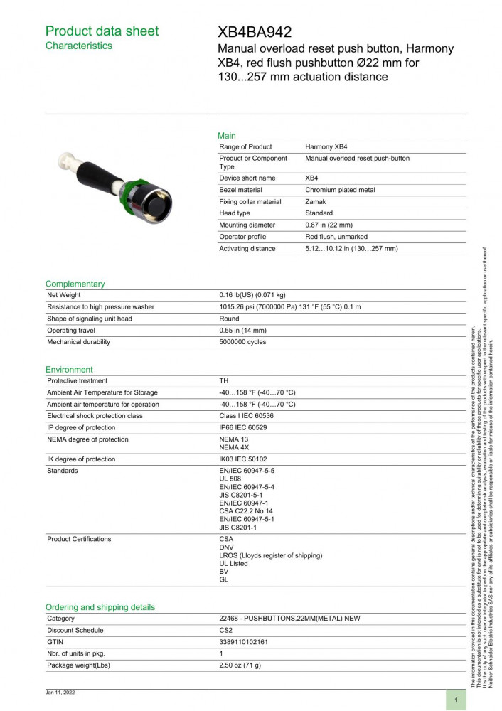XB4BA942 technical document page 1