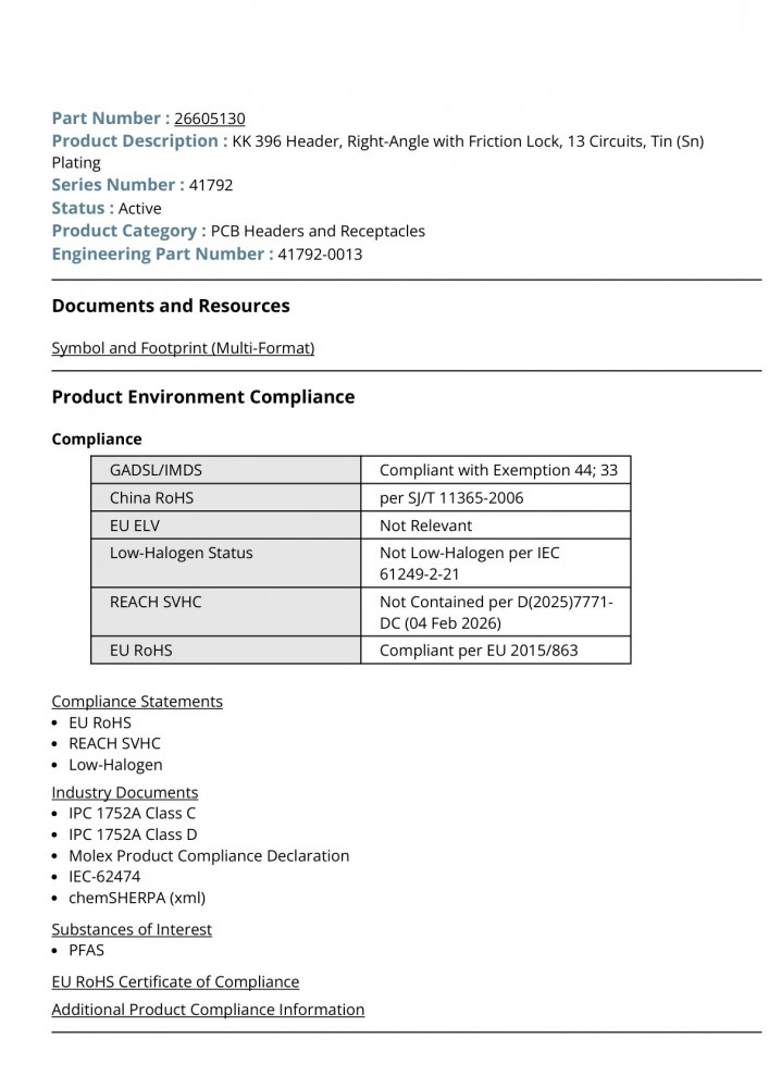 MOLEX 26605130 document image, page 1